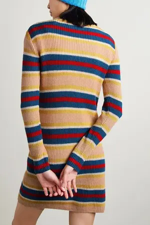 THE ELDER STATESMAN Striped Ribbed Cashmere Turtleneck Mini Dress
