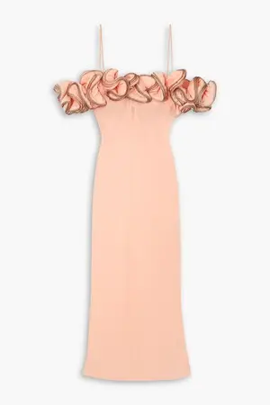 Coperni Offtheshoulder Zipembellished Ruffled Chiffon Midi Dress - Peach