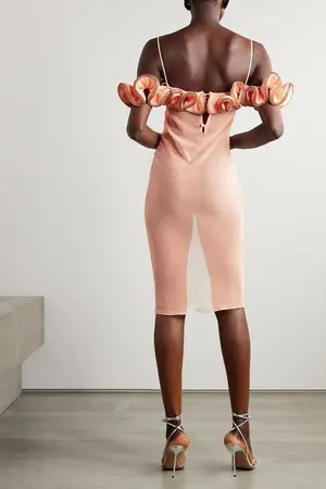 Coperni Off-the-shoulder Zip-embellished Ruffled Chiffon Midi Dress - Peach