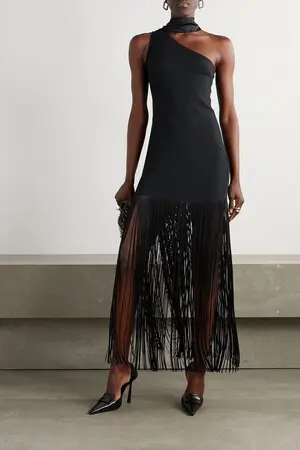 TALLER MARMO Atlanta Asymmetric One-shoulder Fringed Gown - Black