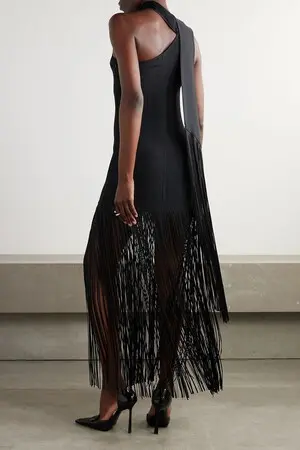 TALLER MARMO Atlanta Asymmetric One-shoulder Fringed Gown - Black