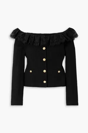 Alessandra Rich Offtheshoulder Crystalembellished Lacetrimmed Woolblend Tweed Jacket - Black
