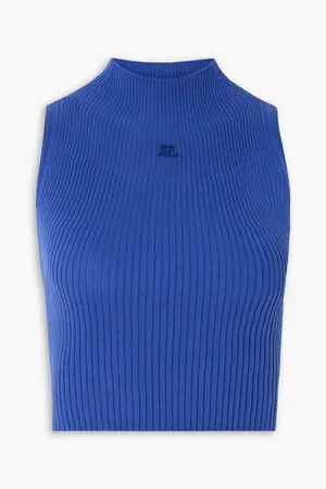 COURREGES Cropped Appliquéd Ribbed Cotton And Merino Woolblend Tank - Blue