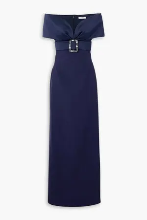 Safiyaa Offtheshoulder Crystalembellished Belted Crepe Gown - Navy