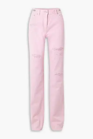 Versace Distressed Embellished Midrise Straightleg Jeans - Baby Pink