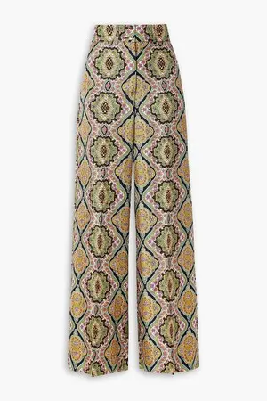 Etro Printed Silktwill Wideleg Pants - Sage Green