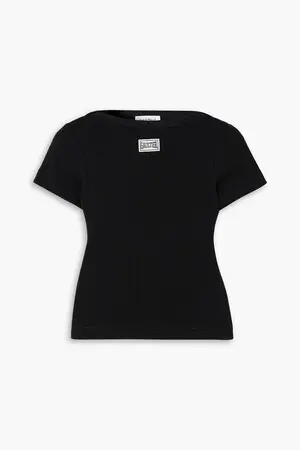 JEAN PAUL GAULTIER Cropped Appliquéd Ribbed Cotton Tshirt - Black