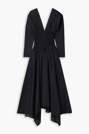 SALON 1884 Shirred Asymmetric Striped Cottonpoplin Maxi Dress - Black
