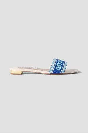 AQUAZZURA Mykonos Beaded Leather Slides - White