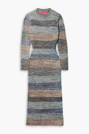 THE ELDER STATESMAN Cosmic Ribbed Striped Cashmere Midi Dress - Multicolor