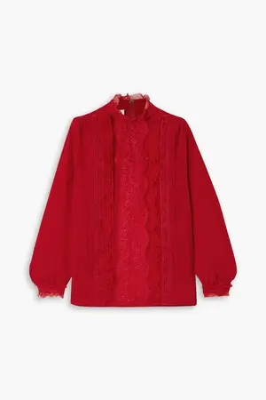 Versace Lacetrimmed Ruffled Silk Crepe De Chine Blouse - Red
