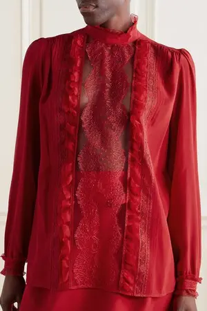 Versace Lace-trimmed Ruffled Silk Crepe De Chine Blouse