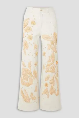 Cult Gaia Jarli Raffiaappliquéd Highrise Wideleg Jeans - Ivory
