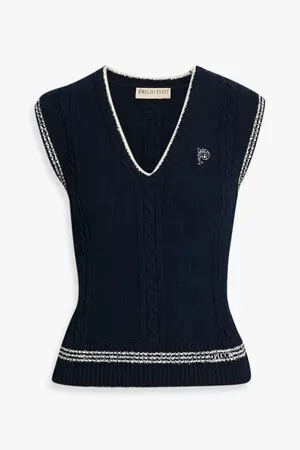 Emilio Pucci Striped Embroidered Cableknit Cottonblend Vest Navy