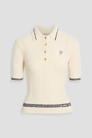 Emilio Pucci Striped Embroidered Cableknit Cottonblend Polo Shirt - Ivory
