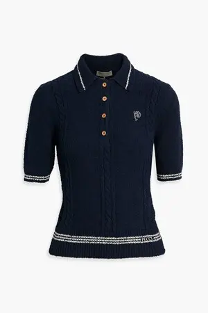 Emilio Pucci Striped Embroidered Cableknit Cottonblend Polo Shirt - Navy