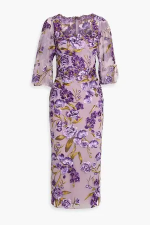 Marchesa Embroidered Tulle Midi Dress - Purple