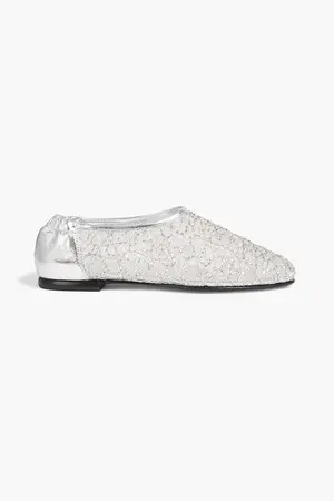 Simkhai Eden Embellished Metallic Leather And Mesh Ballet Flats - Silver