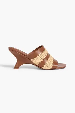 Simkhai Shadow Leather And Raffia Wedge Mules - Light Brown