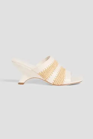 Simkhai Shadow Leather And Raffia Wedge Mules - Off-white