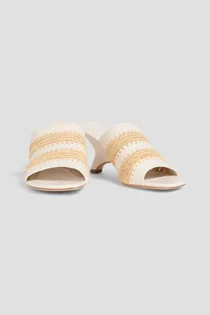 Simkhai Shadow Leather And Raffia Wedge Mules - Off-white