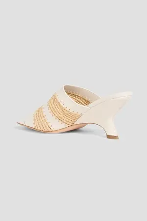 Simkhai Shadow Leather And Raffia Wedge Mules - Off-white