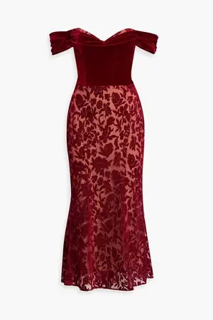 Marchesa Offtheshoulder Devorévelvet Midi Dress - Burgundy
