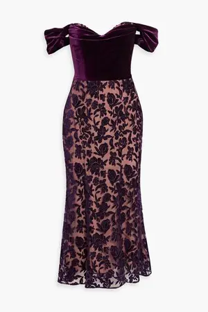 Marchesa Offtheshoulder Devorévelvet Midi Dress - Dark Purple