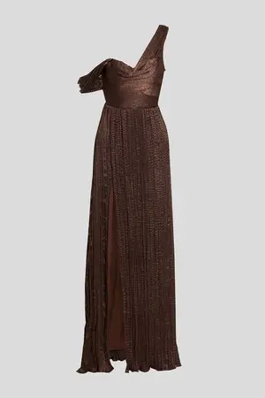 Marchesa Offtheshoulder Draped Crinkledsatin Gown - Chocolate