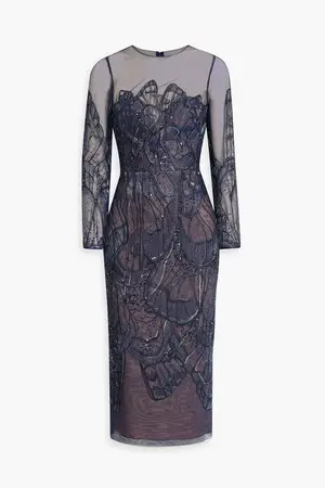 Marchesa Embellished Tulle Midi Dress - Navy