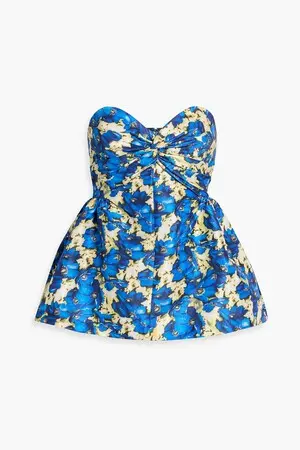 KIKA VARGAS Hebe Strapless Floralprint Taffeta Peplum Top - Royal Blue