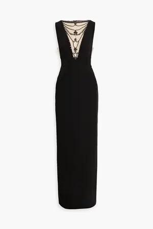 Marchesa Embellished Tullepaneled Cady Gown - Black