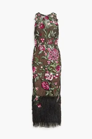 Marchesa Fringed Embroidered Tulle Midi Dress - Black