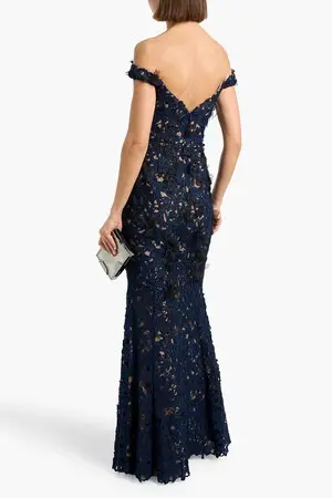 Marchesa Off-the-shoulder Guipure Lace Gown - Navy