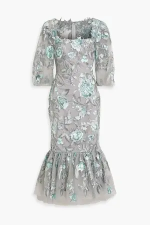 Marchesa Embroidered Tulle Midi Dress - Light Gray