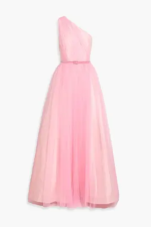 Badgley Mischka Oneshoulder Gathered Tulle And Satincrepe Gown - Pink