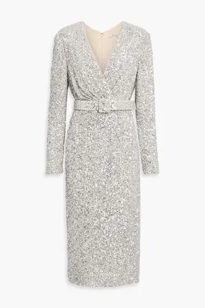 Badgley Mischka Belted Sequined Tulle Midi Dress - Silver