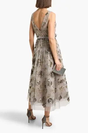 Marchesa Embellished Tulle Midi Dress