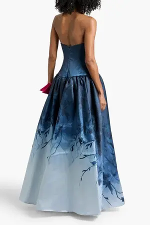 Marchesa Strapless Printed Mikado Gown