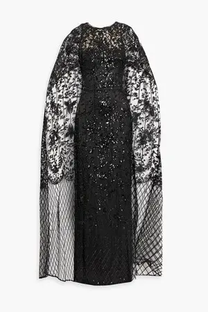 Marchesa Capeeffect Embellished Tulle Gown - Black