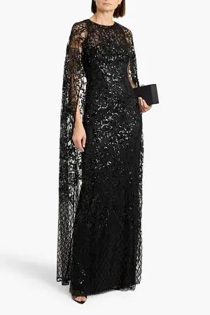 Marchesa Capeeffect Sequined Tulle Gown - Black