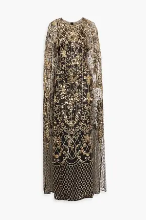 Marchesa Capeeffect Embellished Tulle Gown - Gold