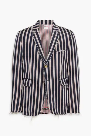 Thom Browne Distressed Striped Silk And Cottonblend Faille Blazer - Navy