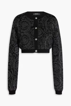 Versace Cropped Metallic Jacquardknit Cardigan - Black