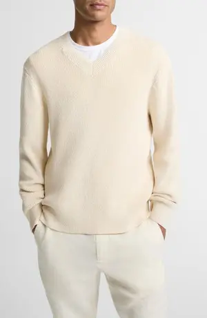 Vince Solid V-neck Cotton Blend Ribbed Sweater - Classic Cream