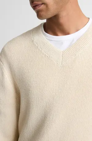 Vince Solid V-neck Cotton Blend Ribbed Sweater