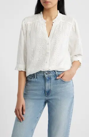 Wit & Wisdom Ruffle Collar Eyelet Button-up Shirt - Off White