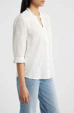 Wit & Wisdom Ruffle Collar Eyelet Button-up Shirt