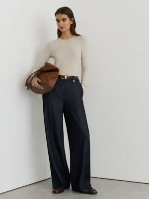 REISS Lyocell Topstitched Wide-leg Trousers - Indigo