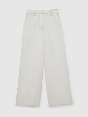 REISS Lyocell Topstitched Wide-leg Trousers - White